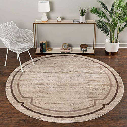 Unique Loom Oasis Collection Modern, High-Low Pile, Border, Stripes, Abstract Area Rug (7' 0 x 7' 0 Round, Brown/Beige)