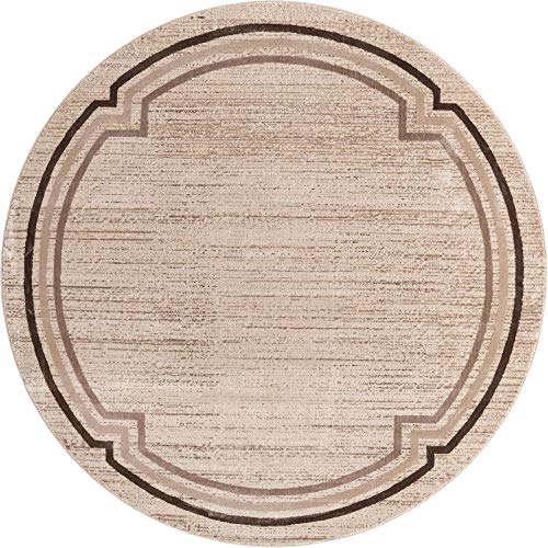 Unique Loom Oasis Collection Modern, High-Low Pile, Border, Stripes, Abstract Area Rug (7' 0 x 7' 0 Round, Brown/Beige)