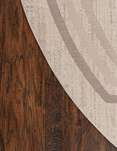 Unique Loom Oasis Collection Modern, High-Low Pile, Border, Stripes, Abstract Area Rug (7' 0 x 7' 0 Round, Brown/Beige)