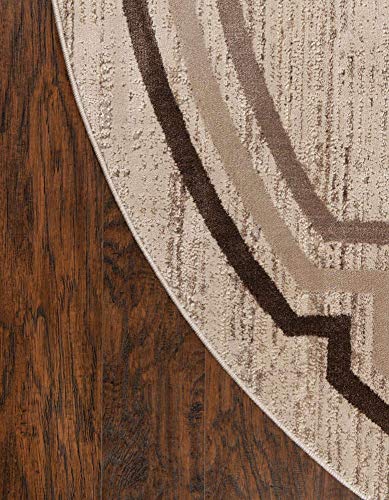 Unique Loom Oasis Collection Modern, High-Low Pile, Border, Stripes, Abstract Area Rug (7' 0 x 7' 0 Round, Brown/Beige)