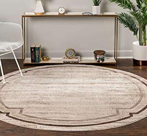 Unique Loom Oasis Collection Modern, High-Low Pile, Border, Stripes, Abstract Area Rug (7' 0 x 7' 0 Round, Brown/Beige)