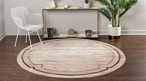 Unique Loom Oasis Collection Modern, High-Low Pile, Border, Stripes, Abstract Area Rug (7' 0 x 7' 0 Round, Brown/Beige)