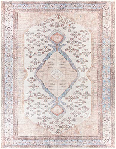 Moora Machine Washable Area Rug - Oriental Persian Medallion Pattern - Bohemian Floral Living Room Carpet - Pink, Blue, Beige, Cream - 7'10" x 10'2"