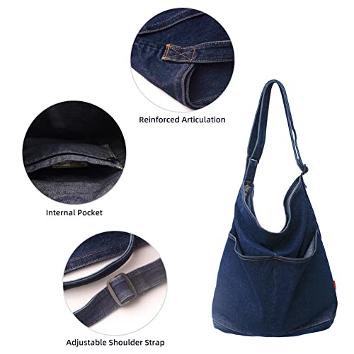 ROUROU Denim Shoulder Bag for Women Hobo Tote Bag Casual Canvas Bag Retro Crossbody Bag Large Capacity Purse