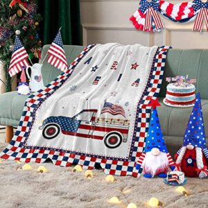 4th of july throw blanket, america flag farm truck fuzzy soft plush independence day flannel blankets cozy warm fleece bed throws for women/men/kids/teens blue red white buffalo plaid 50x60in