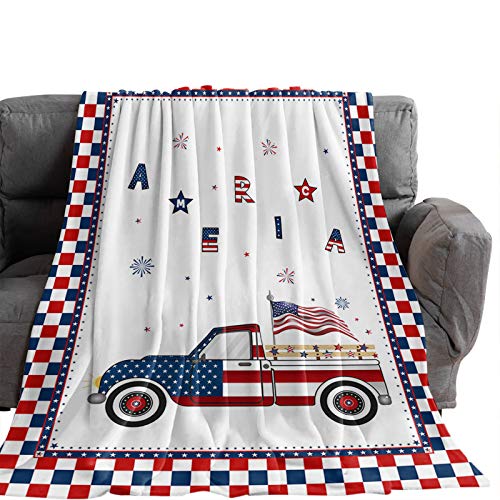 4th of July Throw Blanket, America Flag Farm Truck Fuzzy Soft Plush Independence Day Flannel Blankets Cozy Warm Fleece Bed Throws for Women/Men/Kids/Teens Blue Red White Buffalo Plaid 50x60In