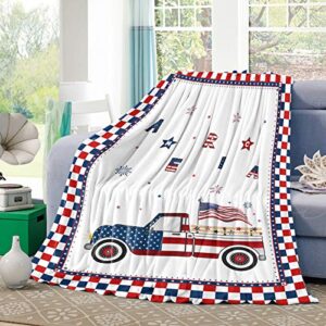 4th of July Throw Blanket, America Flag Farm Truck Fuzzy Soft Plush Independence Day Flannel Blankets Cozy Warm Fleece Bed Throws for Women/Men/Kids/Teens Blue Red White Buffalo Plaid 50x60In