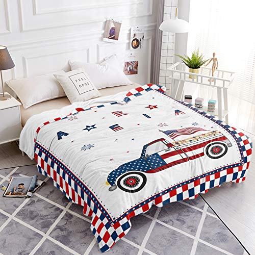 4th of July Throw Blanket, America Flag Farm Truck Fuzzy Soft Plush Independence Day Flannel Blankets Cozy Warm Fleece Bed Throws for Women/Men/Kids/Teens Blue Red White Buffalo Plaid 50x60In