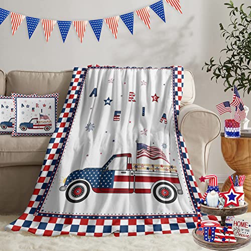 4th of July Throw Blanket, America Flag Farm Truck Fuzzy Soft Plush Independence Day Flannel Blankets Cozy Warm Fleece Bed Throws for Women/Men/Kids/Teens Blue Red White Buffalo Plaid 50x60In