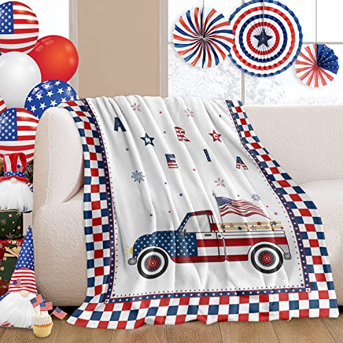 4th of July Throw Blanket, America Flag Farm Truck Fuzzy Soft Plush Independence Day Flannel Blankets Cozy Warm Fleece Bed Throws for Women/Men/Kids/Teens Blue Red White Buffalo Plaid 50x60In