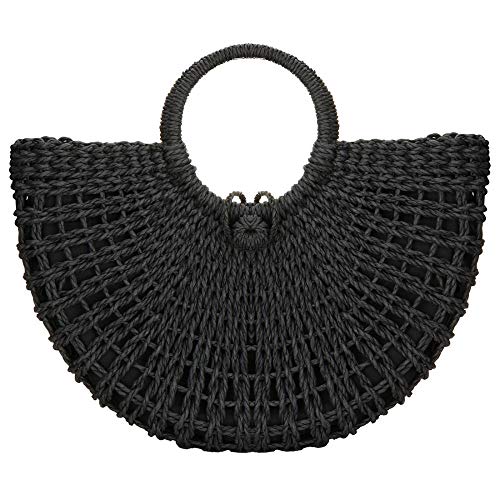 Handwoven Rattan Top-handle Bag for Women Bohemian Round Straw Tote Bag Beach Large Carrying Handbag (Black)