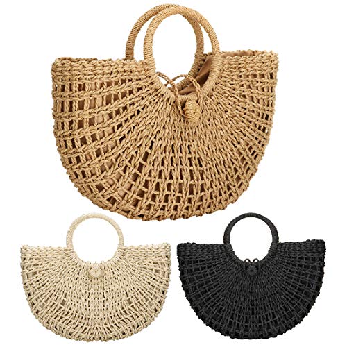 Handwoven Rattan Top-handle Bag for Women Bohemian Round Straw Tote Bag Beach Large Carrying Handbag (Black)