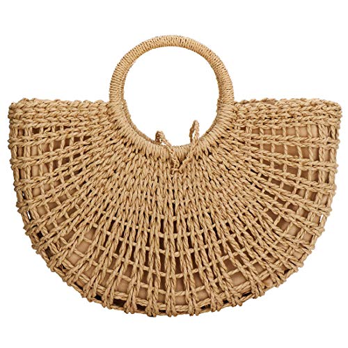 Handwoven Rattan Top-handle Bag for Women Bohemian Round Straw Tote Bag Beach Large Carrying Handbag (Black)