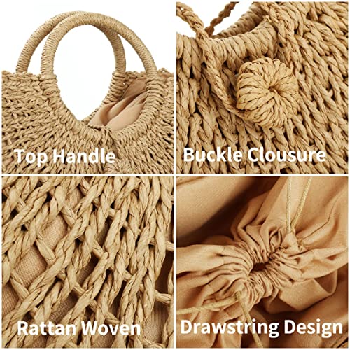 Handwoven Rattan Top-handle Bag for Women Bohemian Round Straw Tote Bag Beach Large Carrying Handbag (Black)