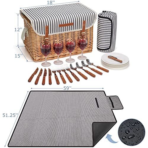 Wicker Picnic Basket for 4, 4 Person Picnic Kit, Willow Hamper Service Gift Set with Blanket Portable Bamboo Wine Snack Table for Camping and Outdoor Party