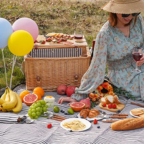 Wicker Picnic Basket for 4, 4 Person Picnic Kit, Willow Hamper Service Gift Set with Blanket Portable Bamboo Wine Snack Table for Camping and Outdoor Party