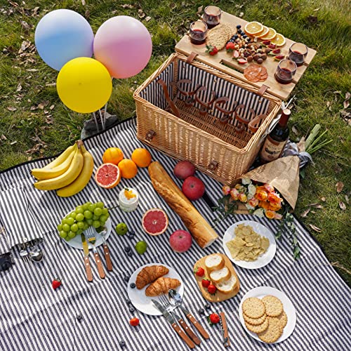 Wicker Picnic Basket for 4, 4 Person Picnic Kit, Willow Hamper Service Gift Set with Blanket Portable Bamboo Wine Snack Table for Camping and Outdoor Party