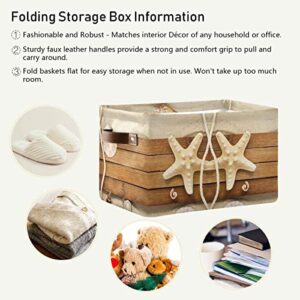 Storage Basket Wooden Beach Seashell Starfish Rectangle Foldable with Leather Handle Nursery Storage Bins Boxes Cube Organizer for Children Toys Books Clothes Home Bedroom