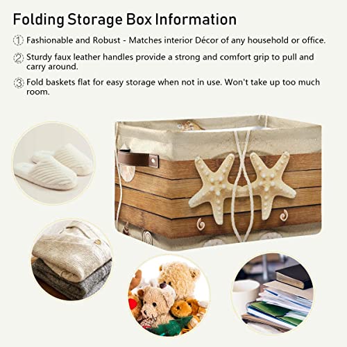 Storage Basket Wooden Beach Seashell Starfish Rectangle Foldable with Leather Handle Nursery Storage Bins Boxes Cube Organizer for Children Toys Books Clothes Home Bedroom