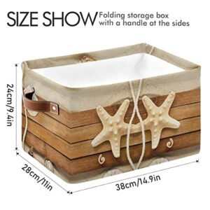 Storage Basket Wooden Beach Seashell Starfish Rectangle Foldable with Leather Handle Nursery Storage Bins Boxes Cube Organizer for Children Toys Books Clothes Home Bedroom