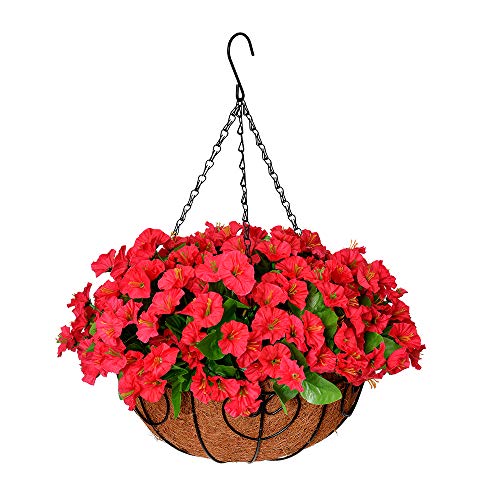 Homsunny Artificial Hanging Flowers in Basket, Silk Flower with 12 inch Flowerpot Centerpieces,Fake Hanging Plants in Coconut Lining Hanging Baskets for Outdoors Indoors Courtyard Decor (Rose red)