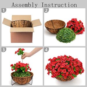 Homsunny Artificial Hanging Flowers in Basket, Silk Flower with 12 inch Flowerpot Centerpieces,Fake Hanging Plants in Coconut Lining Hanging Baskets for Outdoors Indoors Courtyard Decor (Rose red)