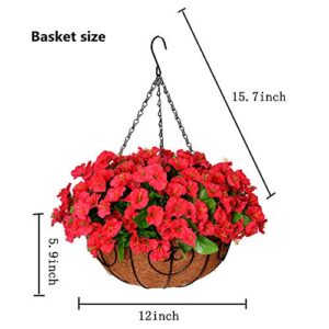 Homsunny Artificial Hanging Flowers in Basket, Silk Flower with 12 inch Flowerpot Centerpieces,Fake Hanging Plants in Coconut Lining Hanging Baskets for Outdoors Indoors Courtyard Decor (Rose red)