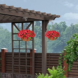 Homsunny Artificial Hanging Flowers in Basket, Silk Flower with 12 inch Flowerpot Centerpieces,Fake Hanging Plants in Coconut Lining Hanging Baskets for Outdoors Indoors Courtyard Decor (Rose red)