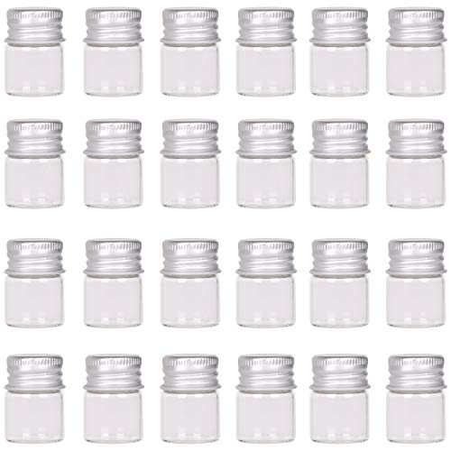 MaxMau Mini Glass Bottles with Screw Caps 5ml 24 Sets Aluminum Top Metal Lids 5 Milliliter Tiny Vials Small Jars DIY Storage Art Craft Decor