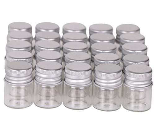 MaxMau Mini Glass Bottles with Screw Caps 5ml 24 Sets Aluminum Top Metal Lids 5 Milliliter Tiny Vials Small Jars DIY Storage Art Craft Decor