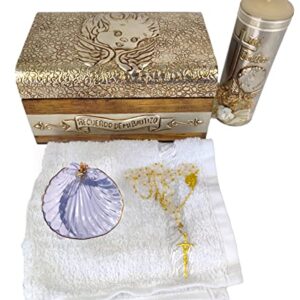 Baptism Candle Set for Boys and Girls in Premium Decoration Box with Towel, Rosary and Shell Included - Velas para bautizo Recuerdos de bautizo - Baptism kit Catholic with Candle for boy Favors