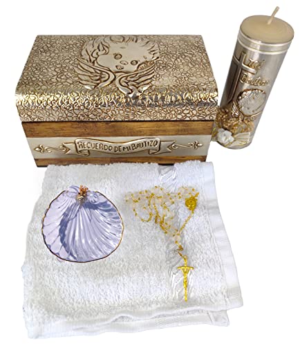 Baptism Candle Set for Boys and Girls in Premium Decoration Box with Towel, Rosary and Shell Included - Velas para bautizo Recuerdos de bautizo - Baptism kit Catholic with Candle for boy Favors