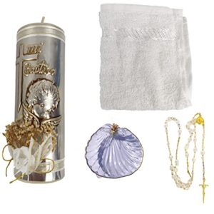 Baptism Candle Set for Boys and Girls in Premium Decoration Box with Towel, Rosary and Shell Included - Velas para bautizo Recuerdos de bautizo - Baptism kit Catholic with Candle for boy Favors