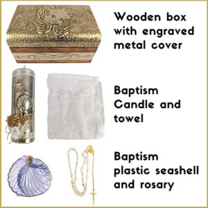 Baptism Candle Set for Boys and Girls in Premium Decoration Box with Towel, Rosary and Shell Included - Velas para bautizo Recuerdos de bautizo - Baptism kit Catholic with Candle for boy Favors