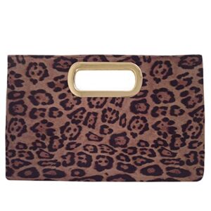 jnb faux suede top handle leopard clutch, taupe