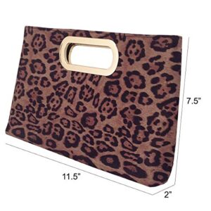 JNB Faux Suede Top Handle Leopard Clutch, Taupe