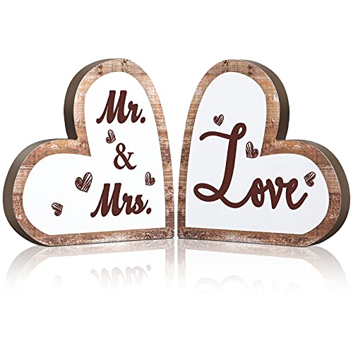 Valentine's Day Wooden Table Decoration Mr and Mrs Sign Rustic Wood Love Sign Romantic Mr and Mrs Table Centerpiece Heart Wedding Table Decoration for Home Anniversary Party (Fresh Style)