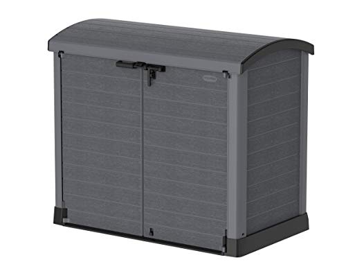 Duramax Cedargrain StoreAway 1200L Plastic Garden Storage Shed / Arc Lid - Outdoor Storage Bike Shed – Durable & Strong Construction– Ideal for Tools, Bikes, BBQs & 2X 240L Bins, 145x85x125 cm, Grey