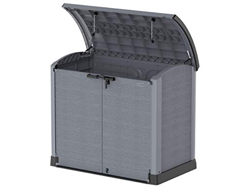 Duramax Cedargrain StoreAway 1200L Plastic Garden Storage Shed / Arc Lid - Outdoor Storage Bike Shed – Durable & Strong Construction– Ideal for Tools, Bikes, BBQs & 2X 240L Bins, 145x85x125 cm, Grey