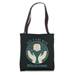 just a girl with healing hands massage therapist tote bag