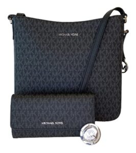 michael kors michael michael kors jet set travel large messenger crossbody bundle with trifold wallet purse hook (signature mk black)