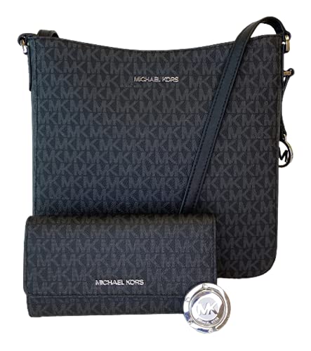 Michael Kors MICHAEL Michael Kors Jet Set Travel Large Messenger Crossbody bundle with Trifold Wallet Purse Hook (Signature MK Black)