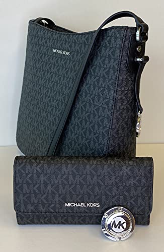 Michael Kors MICHAEL Michael Kors Jet Set Travel Large Messenger Crossbody bundle with Trifold Wallet Purse Hook (Signature MK Black)