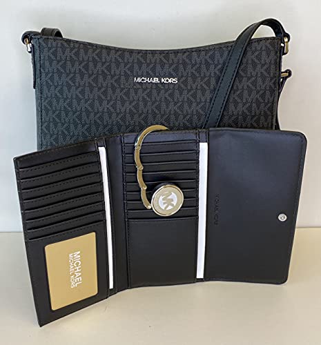 Michael Kors MICHAEL Michael Kors Jet Set Travel Large Messenger Crossbody bundle with Trifold Wallet Purse Hook (Signature MK Black)