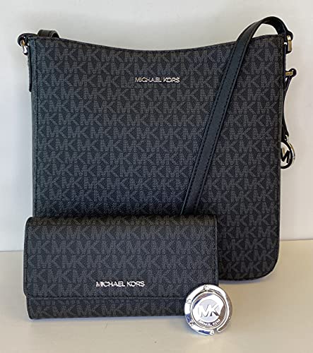 Michael Kors MICHAEL Michael Kors Jet Set Travel Large Messenger Crossbody bundle with Trifold Wallet Purse Hook (Signature MK Black)