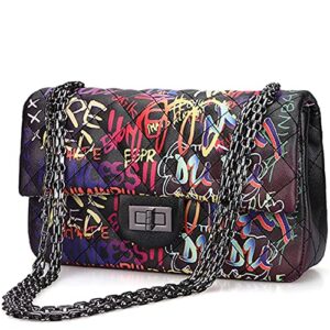 scioltoo clutch purses for women crossbody cute fashion leather satchel bright rainbow multicolor neon shoulder bags graffiti handbag with zipper and long strap black