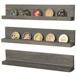 mygift wall mounted vintage gray wood challenge coin holder and casino chip display shelf, single row military coin showcase rack, set of 3