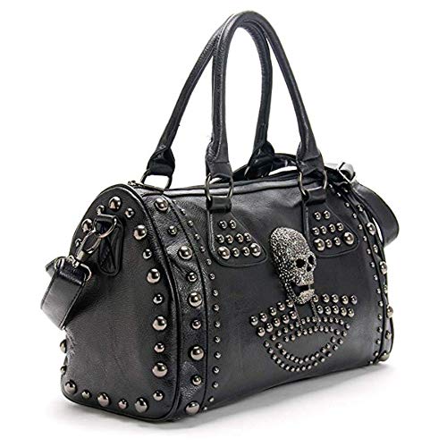 FiveloveTwo Women Skull Handbag Gothic Rivet Tote Satchel Shoulder Crossbody Bag Black