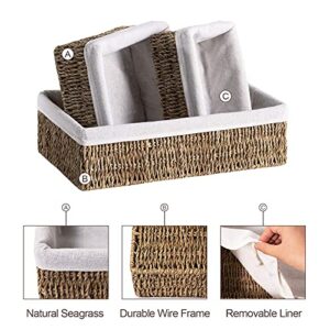 FairyHaus Seagrass Storage Baskets with Liner, Natural Small Seagrass Baskets, Hand-woven Nesting Wicker Baskets Set for Shelves Rectangle 3Pack (L+M+S)