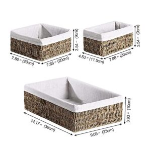 FairyHaus Seagrass Storage Baskets with Liner, Natural Small Seagrass Baskets, Hand-woven Nesting Wicker Baskets Set for Shelves Rectangle 3Pack (L+M+S)